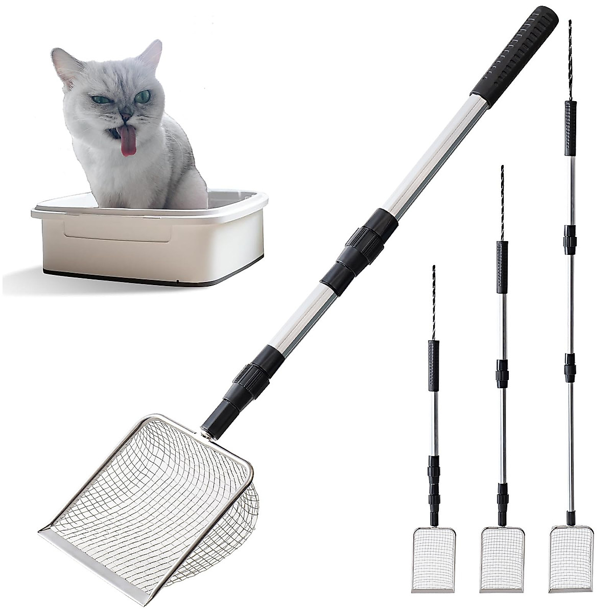Polarduck Cat Litter Scoop for Litter Box: Long Handle Metal Cat Poop Scooper Extendable Heavy Duty & Non-Stick with Extra Small Kitty Litter Scoop & Litter Scoop Holder | Chicken Coop Pooper Scooper