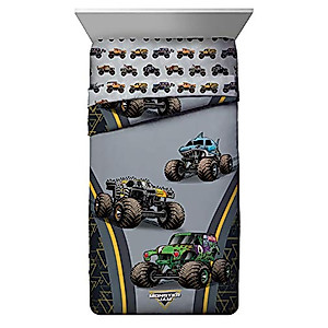 Jay franco Monster Jam MJ Life 4 Piece Twin Bed Set-Includes Reversible Comforter&Sheet Set-Bedding Features Grave Digger, Max-D, Megalodon-Super Soft Microfiber-(Official Monster Jam Product)