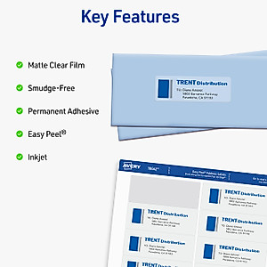Avery Printable Address Labels with Sure Feed, 1-1/3" x 4", Matte Clear, Permanent Adhesive, Inkjet Printers, 140 Blank Mailing Labels, Great for Mailing, Product Labels, Jar Labels, and More (18662)