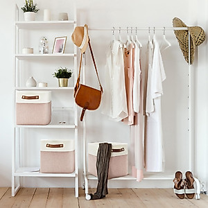 Patvingot Collapsible Fabric Cube Storage Bins 11x11×11, Pack of 6 Closet Basket Boxes with PU Handles for Organizing Shelves, Toys, Clothes, Home, Office,Laundry,Office(White&Pink)