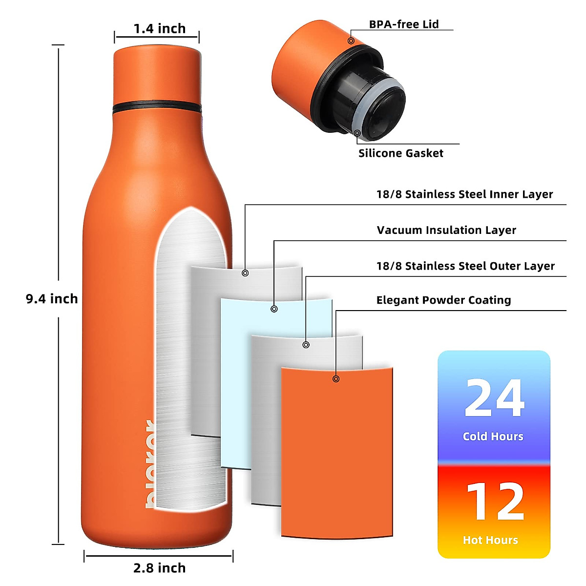 BJPKPK Insulated Water Bottles, 18 oz Stainless Steel Metal Water Bottle with Strap, BPA Free Leak Proof Thermos, Mugs, Flasks, Reusable Water Bottle for Sports & Travel, Orange