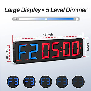 Gym Timer 15"Large LED Display Wall Clock | Gym Interval Workout | Count Down & Up | Stopwatch | Adjustable Buzzer Volume | Upgraded Remote | Digital Timer for Fitness Home Garage Boxing Outdoor Sport