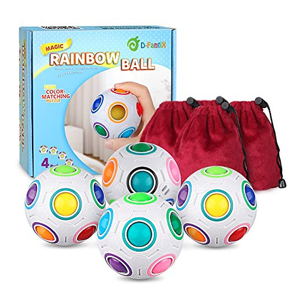 D-FantiX Rainbow Puzzle Ball 4 Pack, Magic Rainbow Ball Puzzle Cube Fidget Balls Puzzle Brain Games Fidget Toys for Kids Adult, Brain Teasers for Kids Boys Girls, Easter Basket Stuffers for Kids