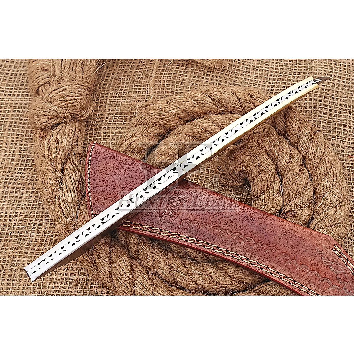 HUNTEX Custom Handmade Hand-Forged Rain Drop Pattern Damascus Steel 11 Inch Long Full Tang Steel-Brass Handle Razor Sharp Hunting Camping Hawkbill Knife w/Genuine Leather Pouch