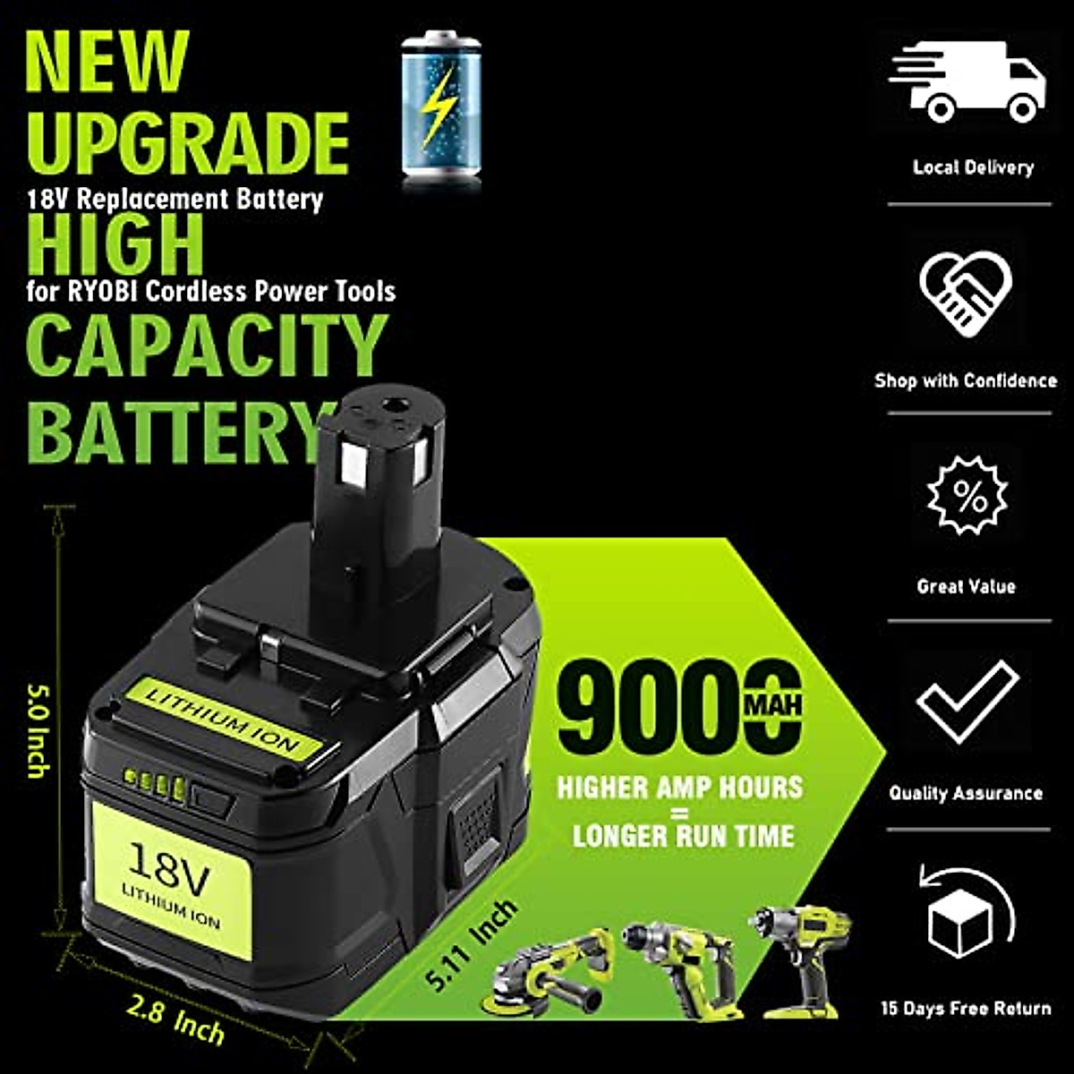 Jialitt 9.0Ah Li-ion P108 Replacement Battery for Ryobi 18V ONE+ P102 P103 P105 P107 P108 P109 Cordless Tool Battery with LED Indicator