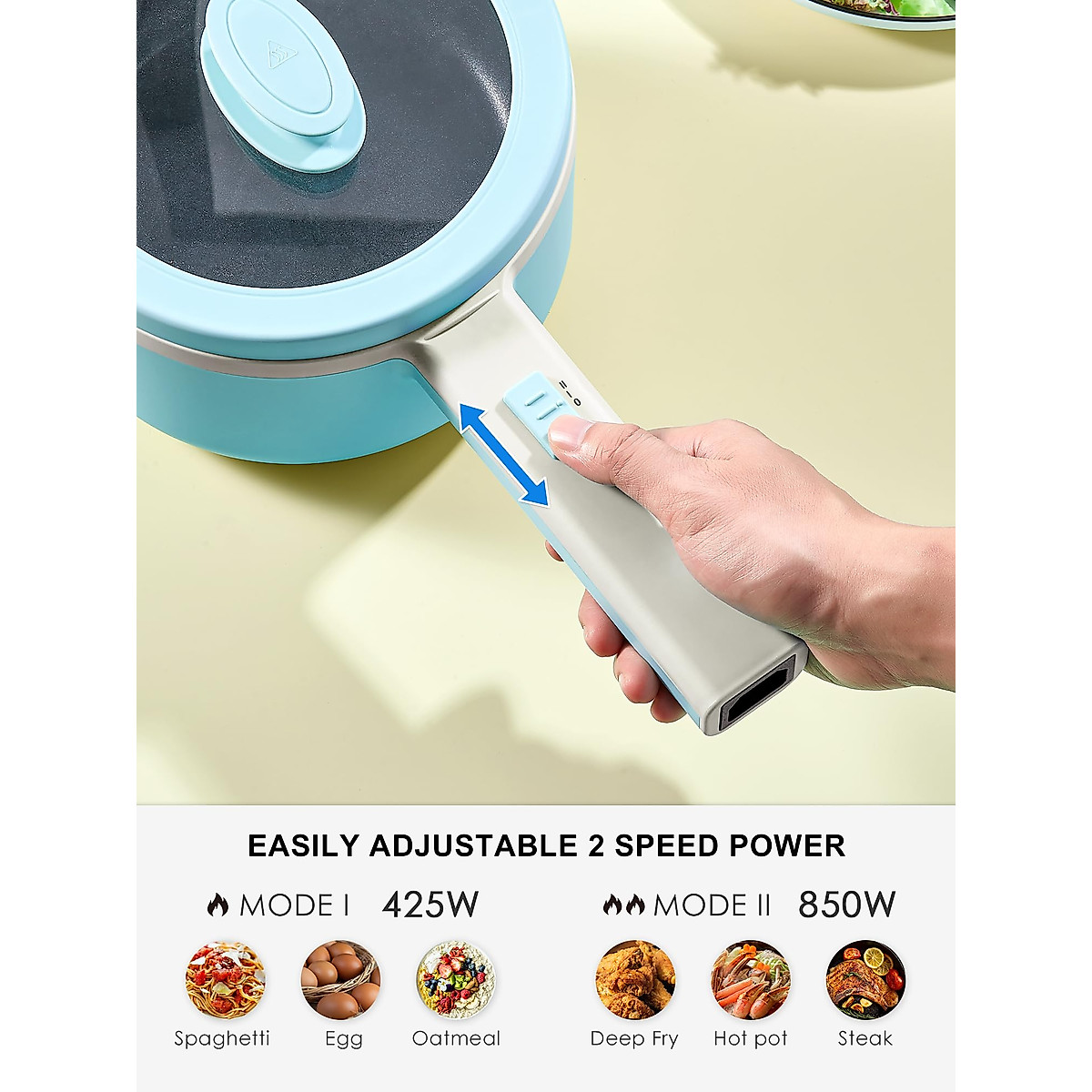 Yabano Electric Pot, 850W Non-Stick Electric Hot Pot with Steamer,1.6L Noodles Cooker with Dual Power Control, Portable Pot For Dorm, Office, Travel with Silicone Spatula Included, BPA Free, Aqua