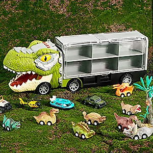JOYIN 13 in 1 Dinosaur Truck for Kids, with 12 Pull Back Dinosaur Car Vehicles, Toy Dinosaur Transport Carrier Truck with Music and Roaring Sound, Flashing Lights, Mini Dinosaur Car Set, Helicopter