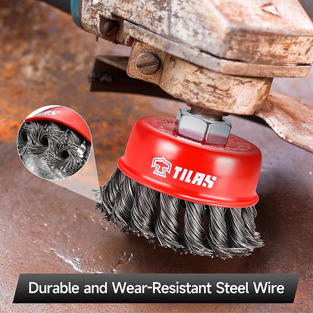 TILAX 4pcs Wire Wheel Cup Brush for Angle Grinder, 5/8 Inch-11 Threaded Arbor, 0.012" Coarse Carbon and 0.02" Knotted Carbon Steel Wire for 4 1/2 Angle Grinder for Heavy-Duty Rust,Paint Removal