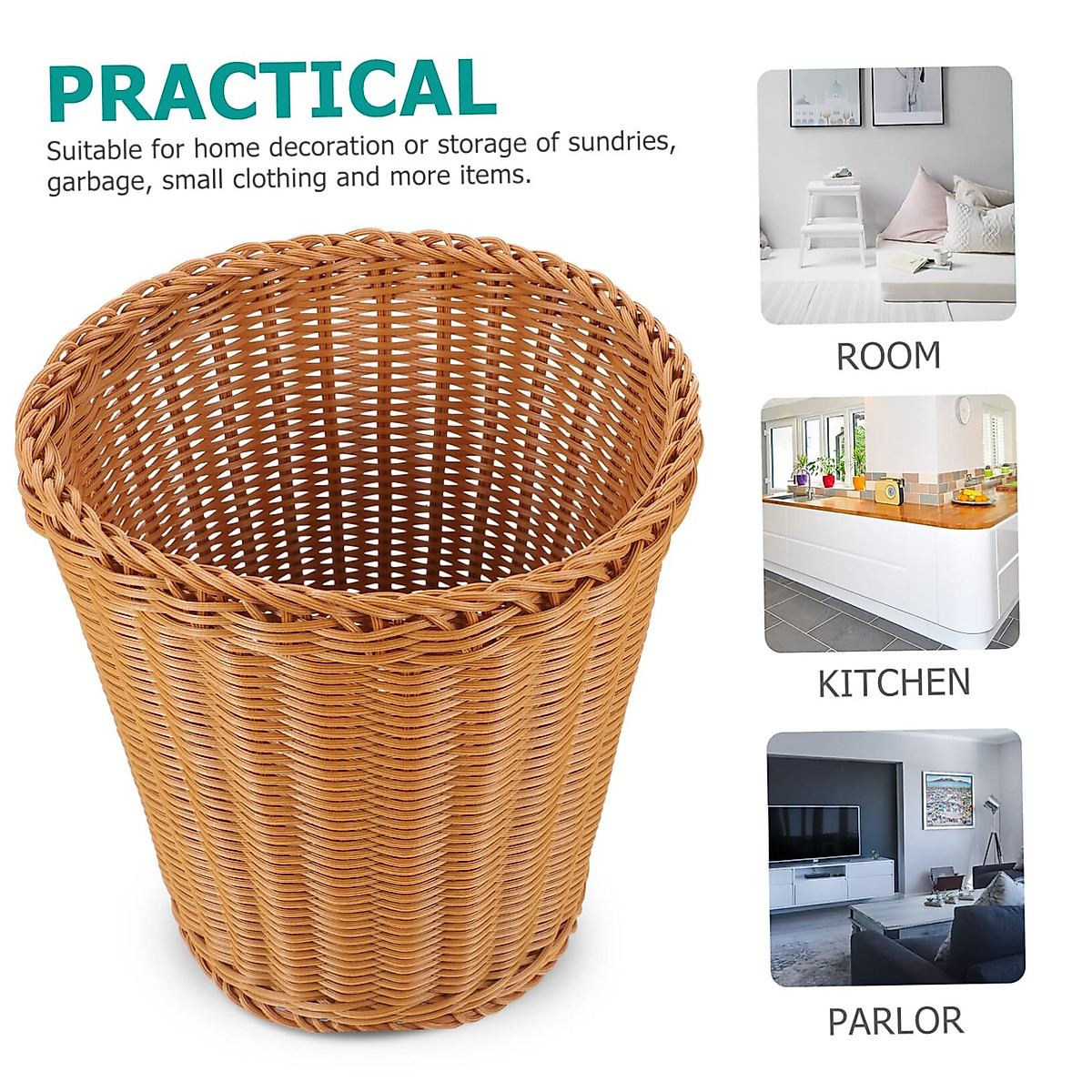 WOONEKY Rattan Trash Can, Brown, Open-Top, Plastic Material, 11" x 11" x 11"