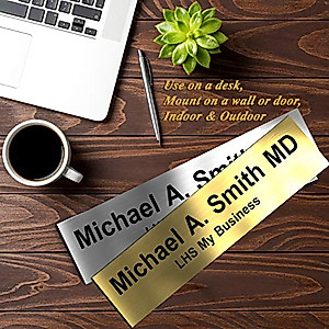 LHS My Business | Engraved Name Plates for Door Sign Personalized Brushed Brass Plastic Plaque with Black Letters | 2x8 - M6