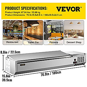 VEVOR Refrigerated Condiment Prep Station, 71-Inch, 19.8Qt Sandwich/Salad Prep Table with 5 1/3 Pans & 4 1/6 Pans, 150W Salad Bar with 304 Stainless Body and Cover Temp Adjuster One-Click Defrosting