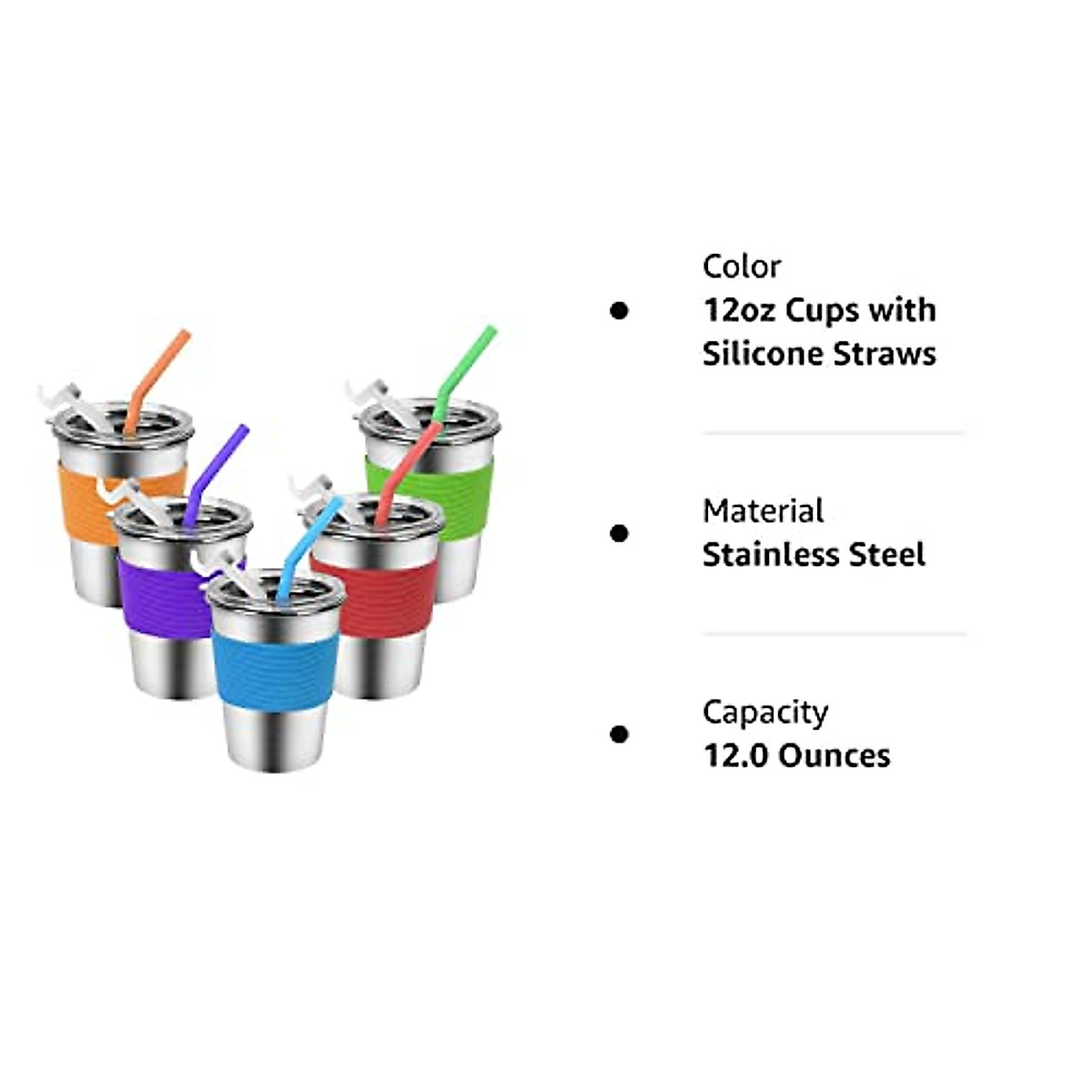 Yummy Sam Kids Stainless Steel Cups with Silicone Straws and Lids,Spill-proof Metal Tumblers for New year Dishwasher Safe,Toddler Cups with Heat-insulated Sleeves for Outdoors and Indoor.5 Pack 12oz