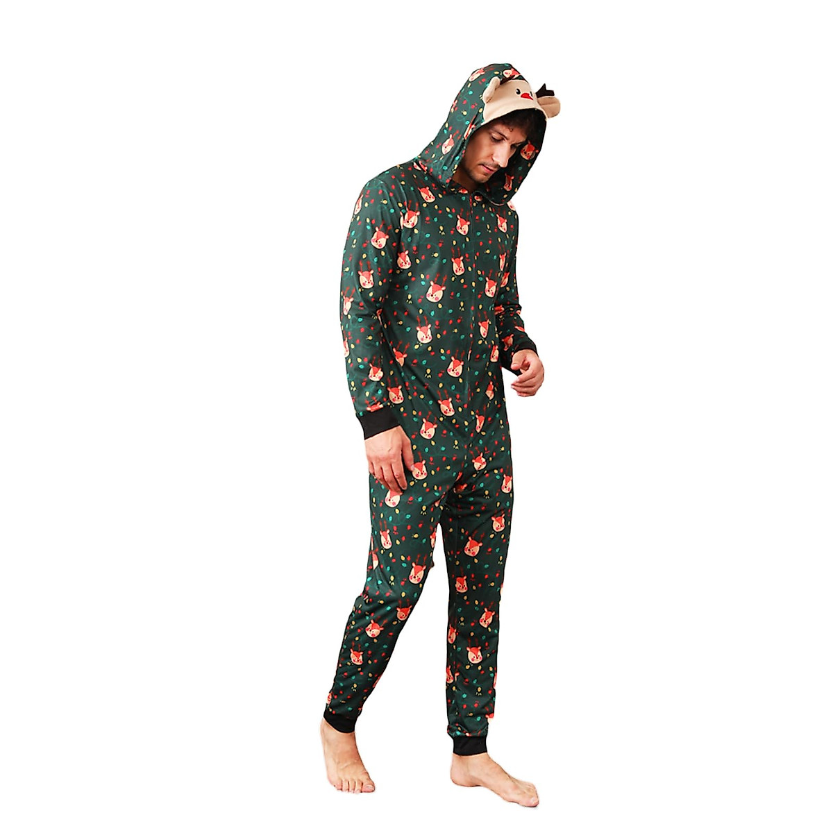 Nokpsedcb Family Christmas Pajamas Couples Kids Matching Lounge Sets Long Sleeve Hooded Deer Print Zipper Jumpsuit Sleepwear(Dad,L,A-Reindeer)
