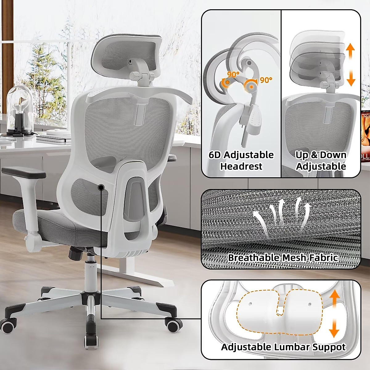 Ergonomic Office Chair Reclining Gaming Chair Adjustable Lumbar Support 4D Armrest 6D Headrest Breathable Mesh Swivel Computer Chairs Home Task Desk Chair Coat Hanger Tilt Lock (Pro, Grey)