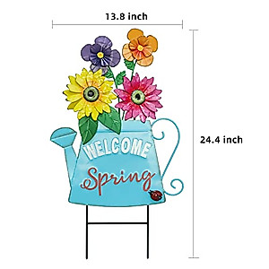 Garden Decor for Outside, YEAHOME Decorative Garden Stakes Metal Watering Can with 4 Flowers, Welcome Spring Yard Signs for Outdoor Lawn Backyard Patio Decorations
