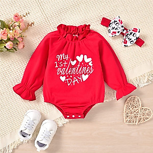 Newborn Baby Girl My First Valentines Day Outfits My 1st Valentines Day Romper+Pants+Headband Clothes Set (Red, 0-3 Months)