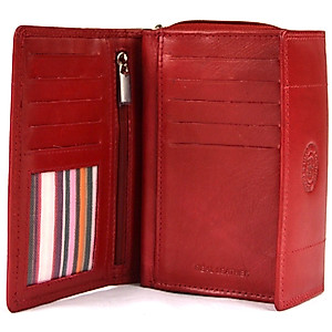 Ladies Soft Nappa Leather Zip-around Wallet, Double Credit Card Swing Section (Dark Red)