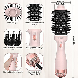 APOKE One Step Hair Dryer Brush and Styler Volumizer, Multifunctional 4 in 1 Ceramic Tourmaline Negative Ion Hot Air Styling Brush, Professional Salon Blow Dryer Brush for Drying Curling Straightening