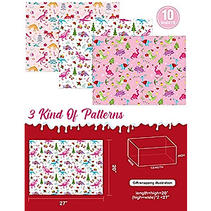 Christmas Dinosaur Wrapping Paper 10 Sheets 20" x 27" Pink Christmas Wrapping Paper Flat Fold Christmas Gift Wrap Paper Pink Girls Wrapping Paper Kids Dinosaur Gift Wrap Dino Birthday Wrapping Paper