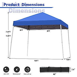 Oneofics Canopy Tent, 10X10 FT Pop Up Canopy Outdoor Instant Tent Slant Legs with Carrying Bag, Portable Gazebo Shelter for Patio Deck Garden and Beach - 8X8 FT Canopy Cover (Blue)