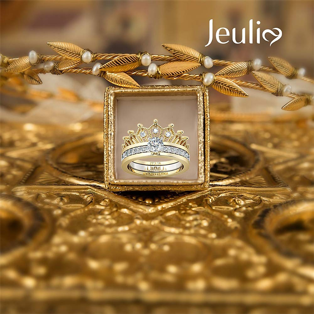 Jeulia 2 Carat Crown 925 Sterling Silver Ring For Women Crown Two Tone Round Cut Wedding Ring Sets Gold Plated Wedding Band Cubic Zirconia Engagement Ring Anniversary Promise with Jewelry Box (10)