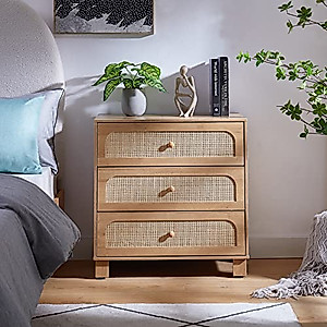 GANLLY 3 Drawer Dresser,Rattan Dresser for Bedroom, Mid-Century Modern Nightstands Organizer Dresser for Closet Hallway,Entryway,Living Room Natural Brown