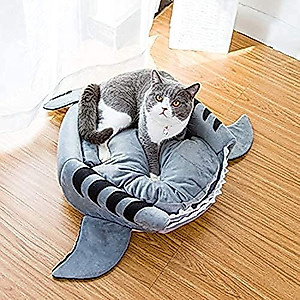 Cat Litter Hot Cat Mat Shark-Shaped House Warm Kennel Kitten Bed One Mat Two Usage Shark Bed for Small Cat Dog Cave Cozy Bed Removable （Light Grey）
