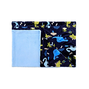 Marina Decoration Reversible Rich Printed Woven Fluffy Plush Soft Warm Flannel Fleece Children Throw Sherpa Kids Blanket, 40 x 50 Inch Dinosaur Zoo with Navy Blue Base