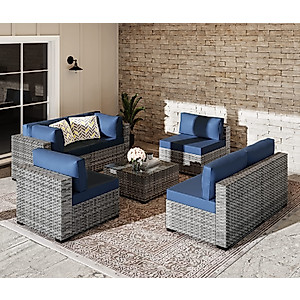 SUNLEI 7pcs Patio Conversation Sets Outdoor Furniture Sets, High Back All-Weather Rattan Sectional Sofa with Tea Table&Washable Couch Cushions(Silver Rattan) (Aegean Blue)