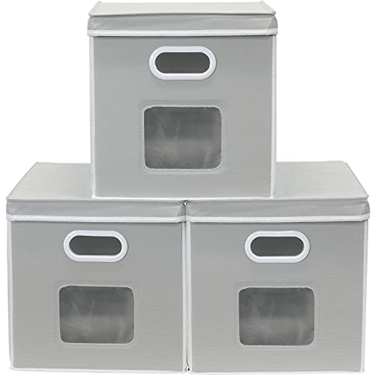 Simple Houseware 3-Pack 12-Inch Clear Window Cube Storage Bin with Lid, Grey