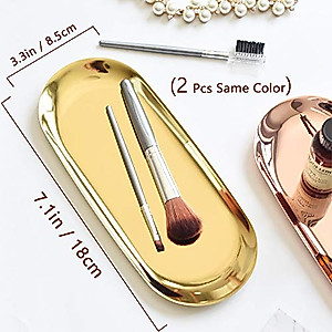 2 Pack 7.1in Stainless Steel Storage Tray, Premium Metal Organizer Plate to Hold Fruit, Tea, Cosmetics, Jewelry, Oval Stainless Steel Towel Tray for Vanity, Bathroom, Closets (Gold)