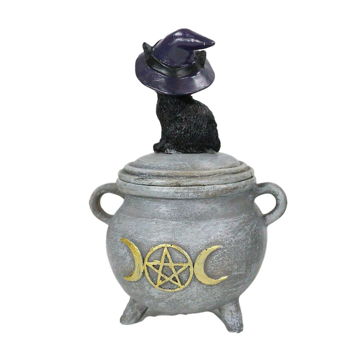 Pacific Giftware Black Cat with Witch Hat Sitting on Cauldron Box, Polyresin Jewelry or Coin Holder, 3.93 Inches x 3.14 Inches x 5.5 Inches