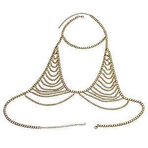 Salliy Boho Body Chain Bra Gold Sexy Rhinestone Bikini Bra Body Halter Backless Sequins Chain Bra Beach Body Accessories Jewelry for Women (Gold Bra + Skirt)