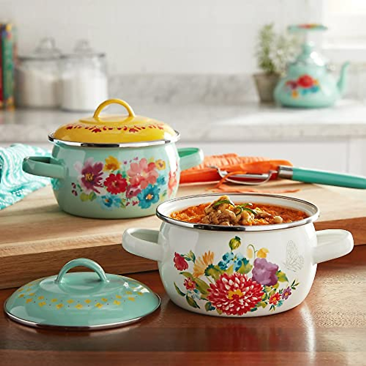 The Pioneer Woman Breezy Blossom Mini Dutch Oven with Lid - 2 Pack of 1.05QT Mini DutchOvens