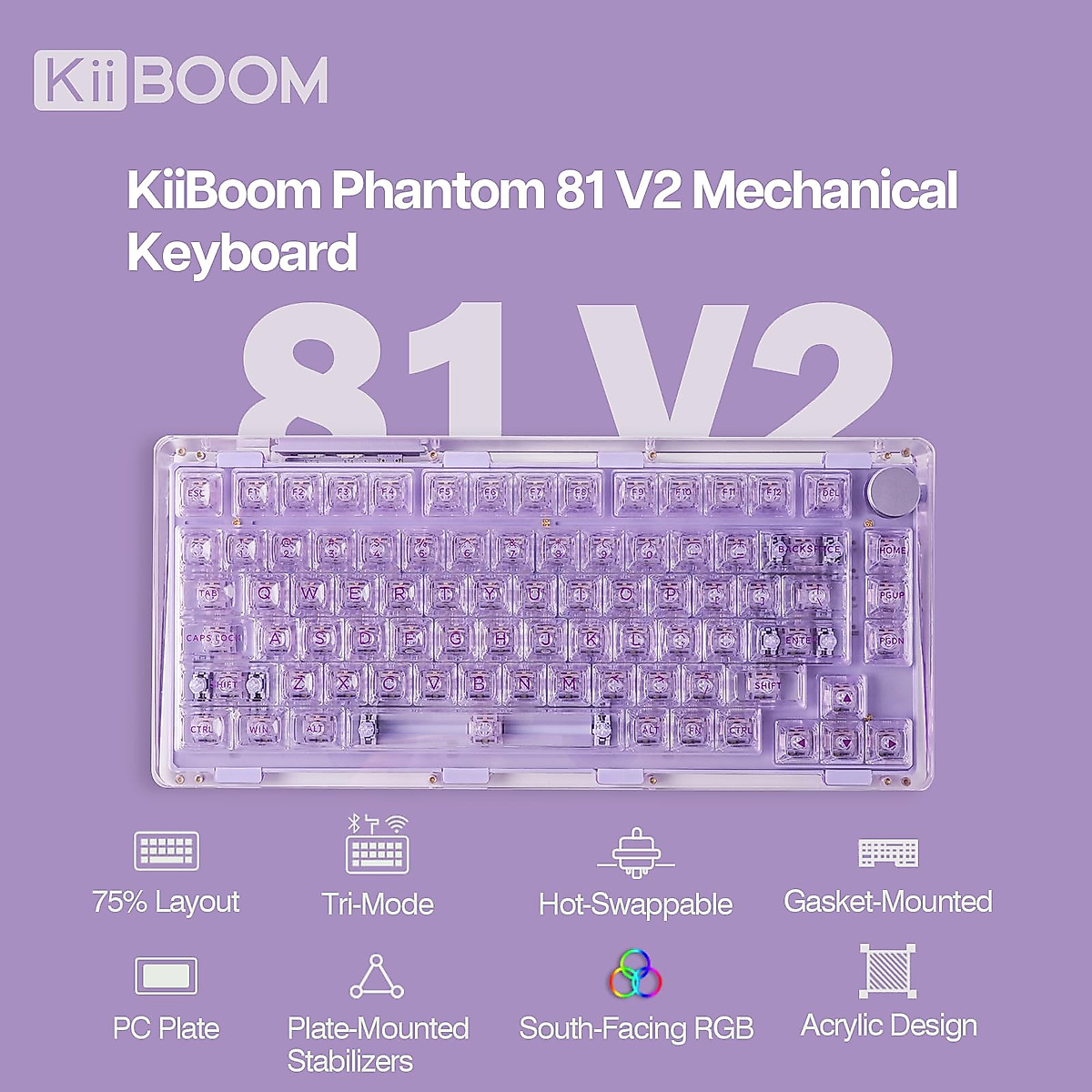 KiiBoom Phantom 81 V2 75% Hot Swappable Upgraded Crystal Gasket-Mounted Mechanical Keyboard, Triple Mode NKRO Gaming Keyboard with South-Facing RGB, Clear Keycaps, 4000mAh Battery for Win/Mac (Purple