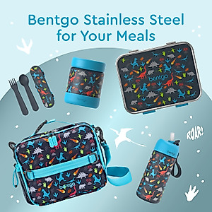 Bentgo Kids Stainless Steel Food Jar - 11oz Leak-Proof Double Insulated Hot or Cold Food Container with Removable Silicone Bumper, Dishwasher Safe, Easy Open Lid, Ages 3+ (Dinosaur)