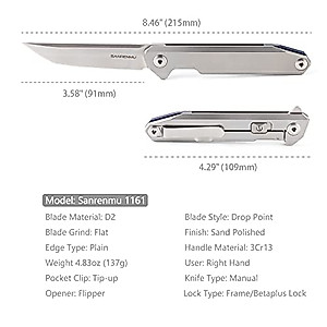Sanrenmu 1161 EDC Pocket Folding Knife D2 Tanto Blade Survival Knife Frame Lock