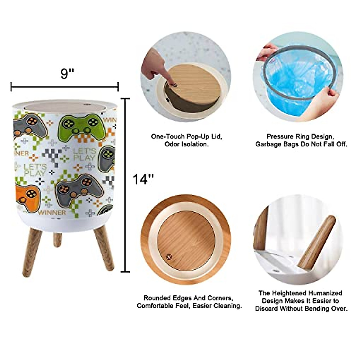 CAKOJV188 Round Trash Can with Press Lid Seamless Abstract with Colorful Joystick Game for Boys Small Garbage Can Trash Bin Dog-Proof Trash Can Wooden Legs Waste Bin Wastebasket 7L/1.8 Gallon