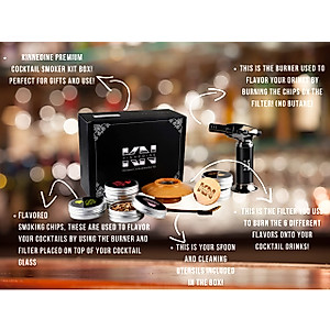 Kinnedine | Cocktail Smoker with Torch, Premium Quality Whiskey Gifts for Men, Best for Bourbon Whisky, Six Flavor Wood Chips for Infusing Cocktails, Wine, Whiskey, Cheese, Salad, and Meat. Cleaning Kit Included for Easy Clean Up. (No Butane)