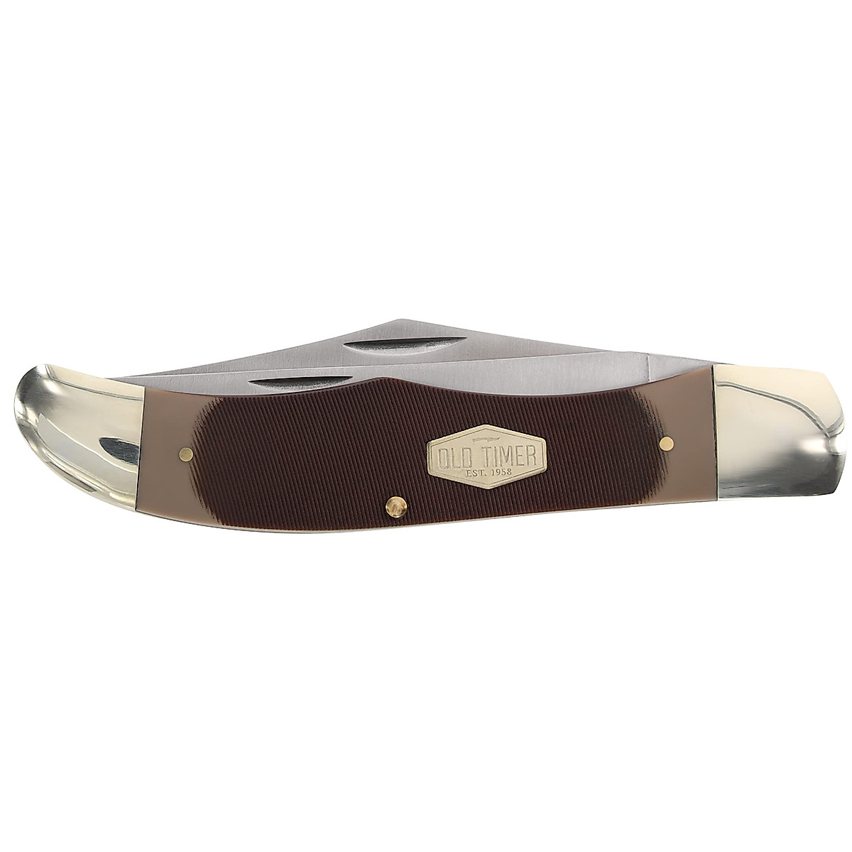 Old Timer 25OT Folding Hunter 9.3in Traditional Folding Pocket Knife with 2 High Carbon SS Blades, Ergonomic Sawcut Handle, and Leather Belt Sheath for EDC, Hunting, Camping, Whittling, and Outdoors