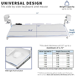 VIVO Large Height Adjustable Under Desk Keyboard Tray with RGB LED Light Mouse Pad, C-clamp Mount, 27 (33 with Clamps) x 11 inch Slide-Out Platform Computer Drawer for Typing, White, MOUNT-KB05GPW