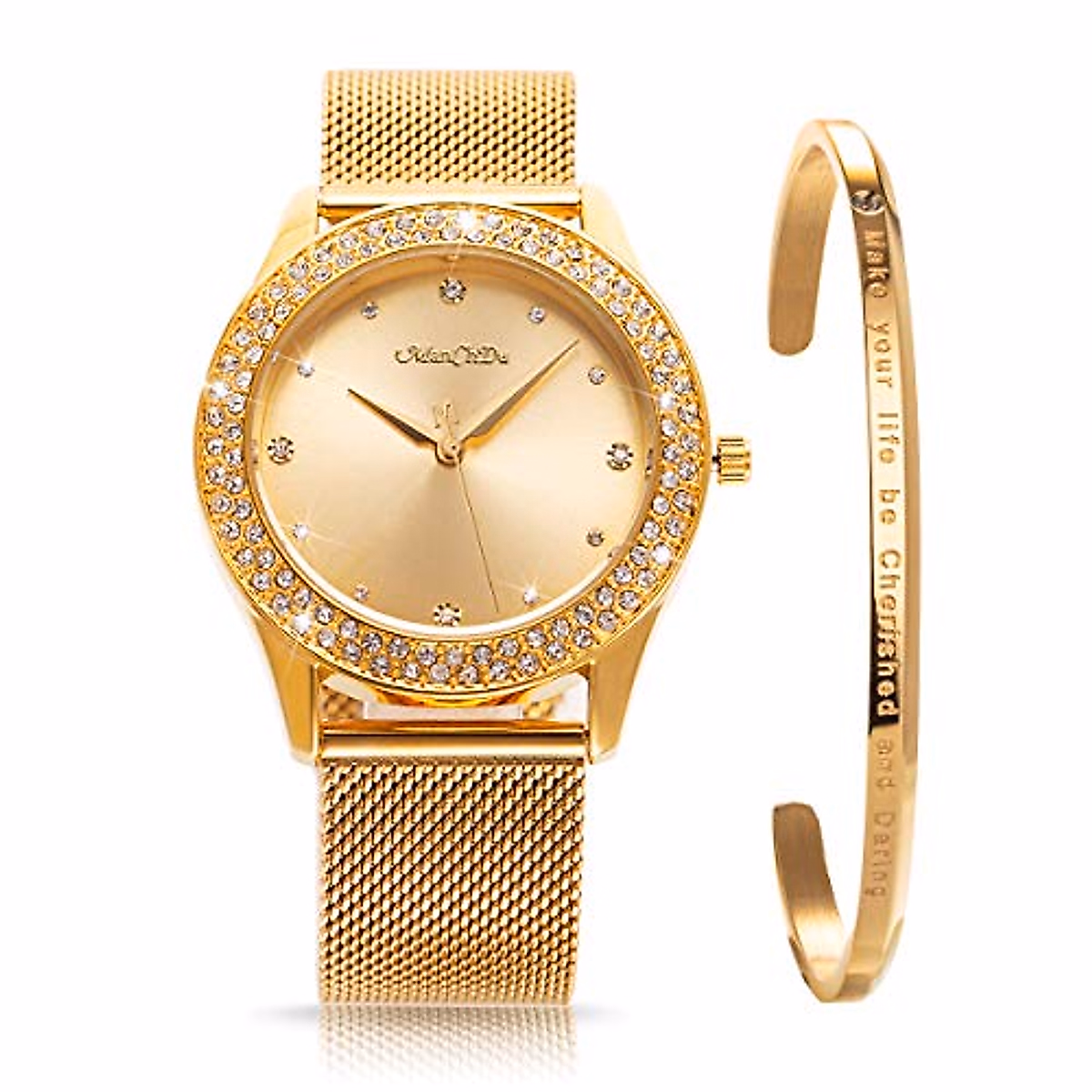 ManChDa Womens Wrist Watch Crystal Case Mesh Stainless Steel Band Bling Ladies Watches Analog Quartz Diamond Classic Fashion Romantic+ Jewelry Cuff Bracelet Set Slim Thin Casual Glitter Dress Watches