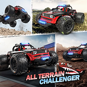DEERC 1:14 Fast RC Cars with Colorful Led Lights,40KM/H High Speed Shark Remote Control Car,4X4 All Terrains RC Monster Truck,Waterproof Off-Road with 2 Batteries level indicator for Adults Boys