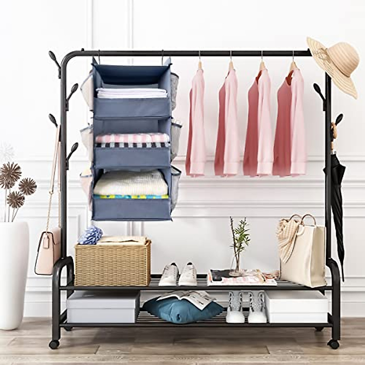 PENGFULL 3 Shelf Hanging Closet Organizer，Closet Hanging Organizer Foldable with 9 Side Pockets for Storage，Hanging Organizer for Closet & RV& Camper (Stationary Board)