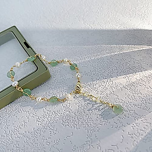 LOOYUUPEE 14K Gold Plated Natural Jade & Pearls Bracelets for Women, Natural Freshwater Pearls Jade Bracelets for Women, Lucky Green Jade Jewelry Chain for Mom Lover Her (14K Gold Plated)