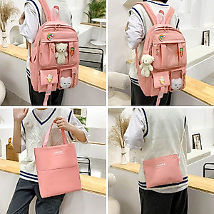 YGYCF Kawaii Backpack 5Pcs Set for Student with Cute Bear Accessories - School Bags for Teen Girls Back to School Supplies Essentials Aesthetic Bookbag, A Pink