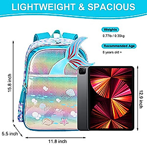 IQOVEO School Backpack for Girls, 16" Sequin Mermaid Kids Backpack Girls Elementary School, Lightweight Waterproof Toddler Backpacks with Adjustable Padded Straps