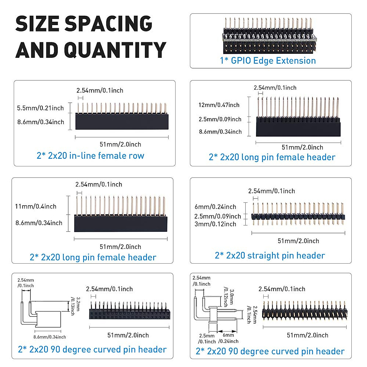 GeeekPi 2x20 40 Pin Stacking Female Header Kit for Raspberry Pi 4B/3B+/3B/2B/B+/A+/Zero/Zero W(2)/Jetson Nano/Tinker Board(7 Specifications)(13Pcs in Total)