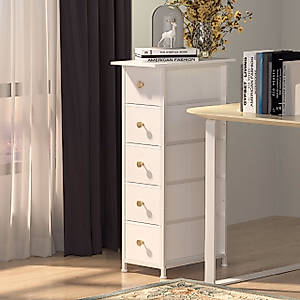 GiftGo Narrow Dresser Cabinet Vertical Slim Dresser Chest of Drawers Skinny Storage Tower for Small Spaces Gaps Closet Bedroom Bathroom Small Fabric Drawer Unit (White, 5 Drawers)