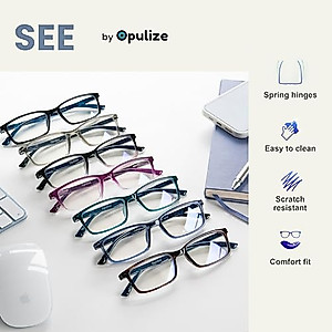 OPULIZE See Reading Glasses 3 Packs with Blue Light Blocking Narrow Frame Spring Hinges Improve Sleep Computer Gaming Transparent Blue Purple Turquoise Mens Womens BBB9-35Q +3.50